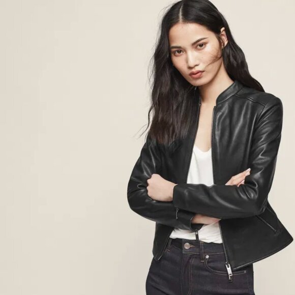 Reiss | Jackets & Coats | Reiss Thea Collarless Leather Jacket Black Us ...